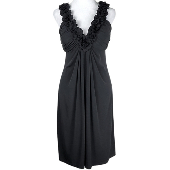 Maggy London | Dresses | Maggy London Black Flower Ruffle Pleated Midi ...